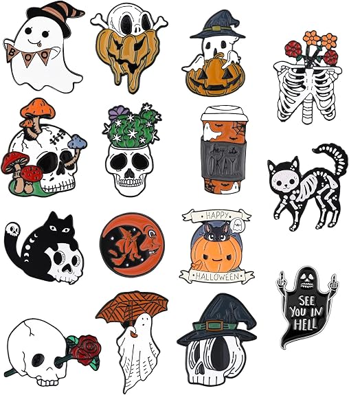 Amazon.com: 16 Pieces Halloween Enamel Pins Skull Spooky Skeleton ...