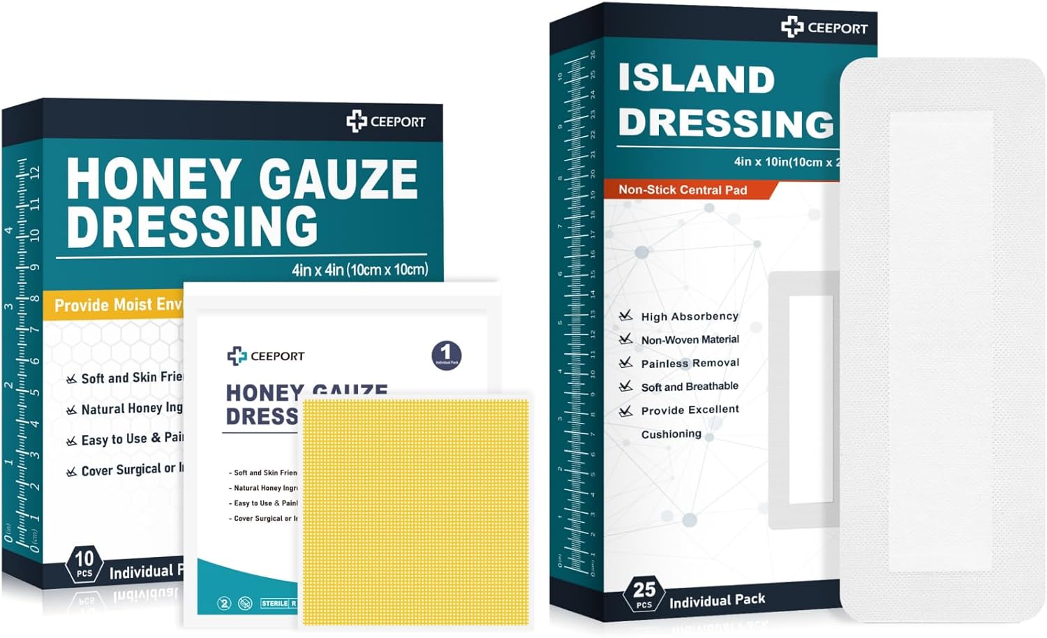 Amazon.com: Ceeport Honey Gauze Dressing(4" x 4" 10 Pack)+Island Dressing(4" x 10" 25 Pack ...