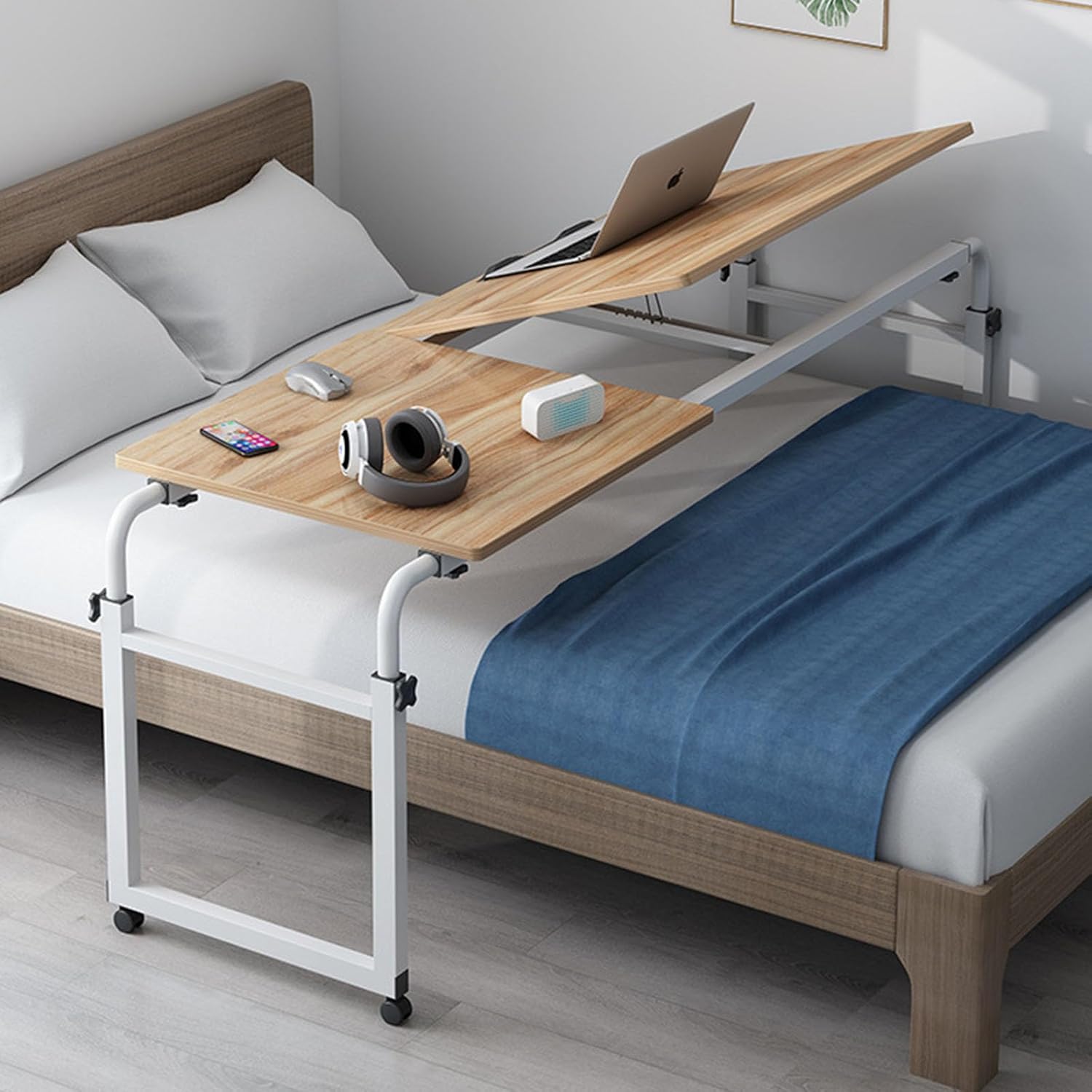Overbed Desk with Wheels Adjustable Table Top Partition Use Height and ...