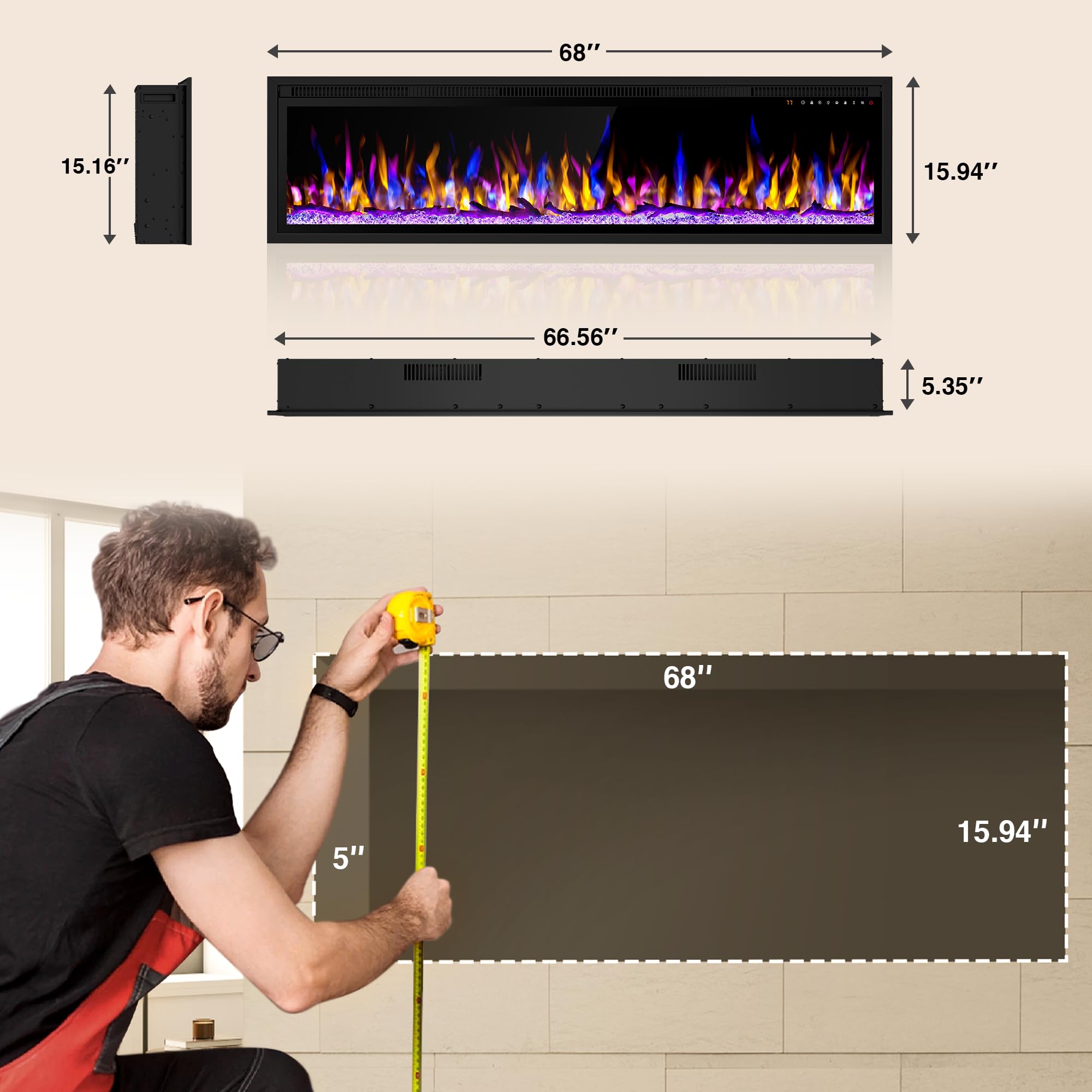 Snapklik.com : ALPACA 68 Inch Electric Fireplace Heater, Recessed in ...