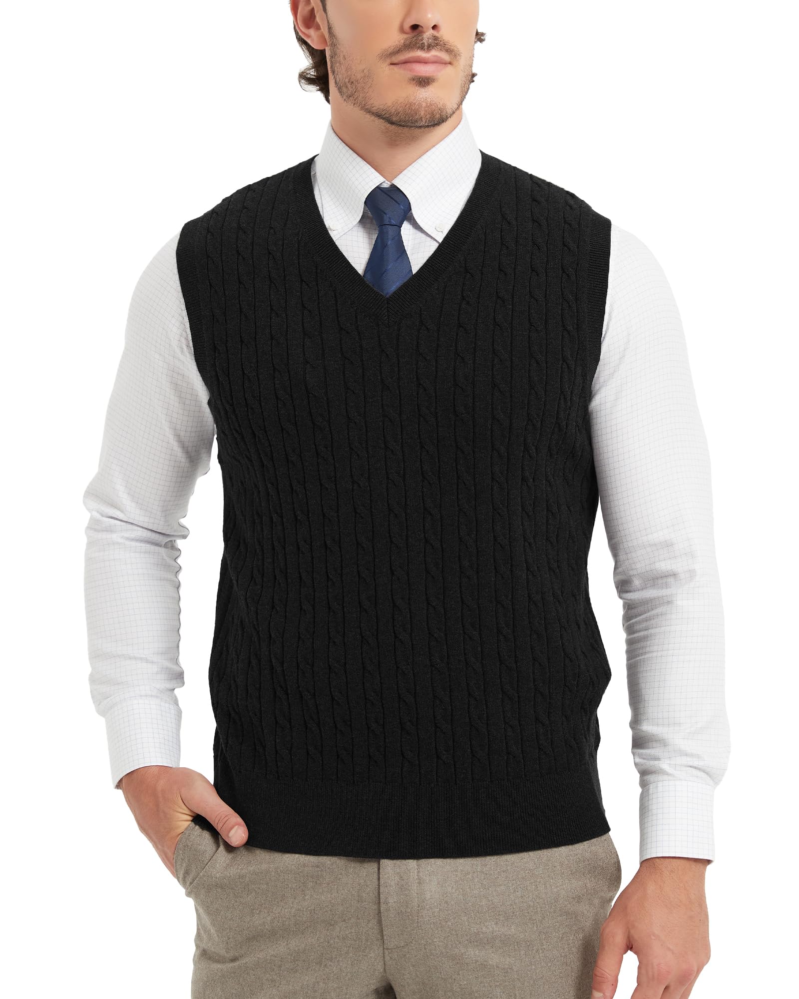 Kallspin Men’s Cable Knit Sweater Vest Pure Cotton V-Neck Sleeveless ...