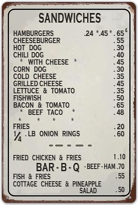 Amazon.com: ZYPENG 1940's Diner Menu Metal Tin Sign For Restaurant 50s ...