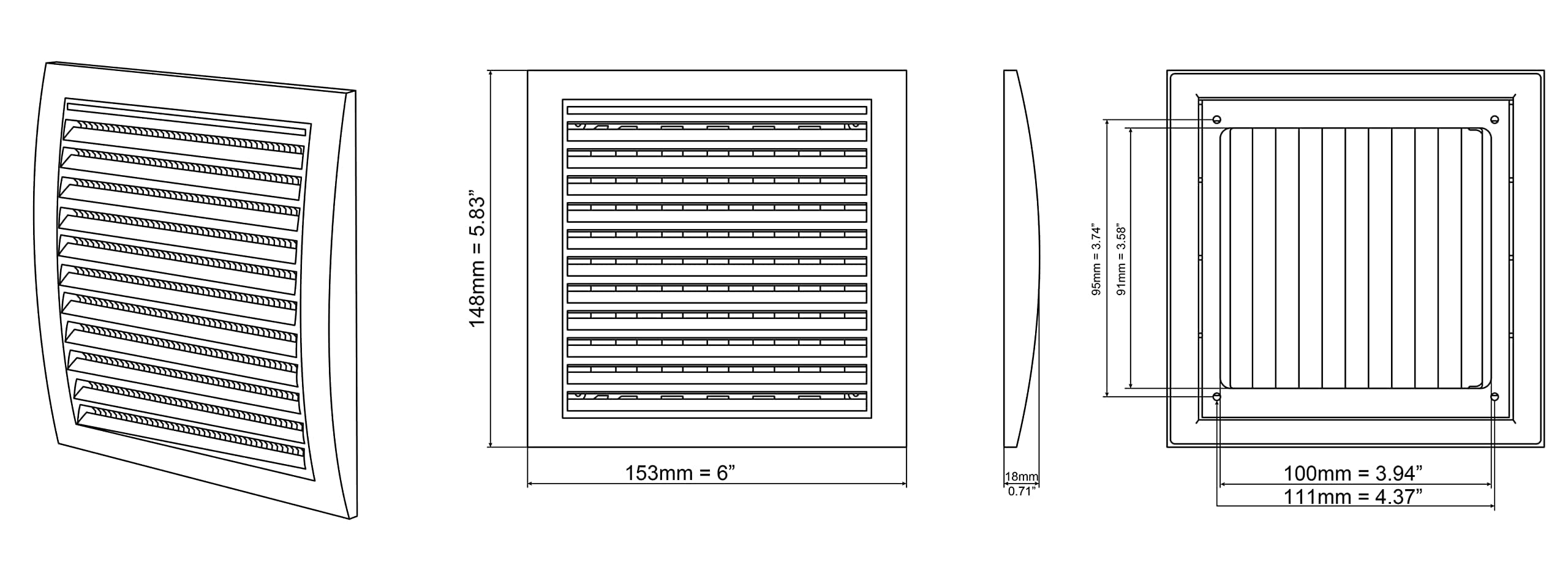 H&C VENT White Ventilation Grille with Insect protection 6 x 6Inch ...