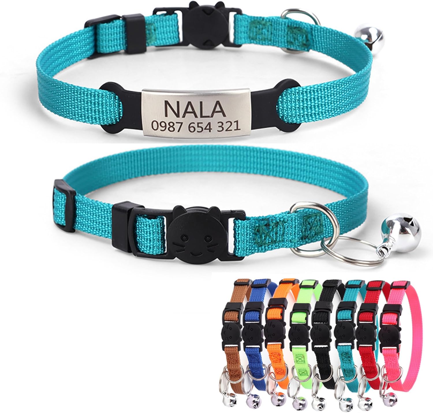 Custom Cat Collar with Bell Laser Engraving Night Reflective Nylon Cat ...