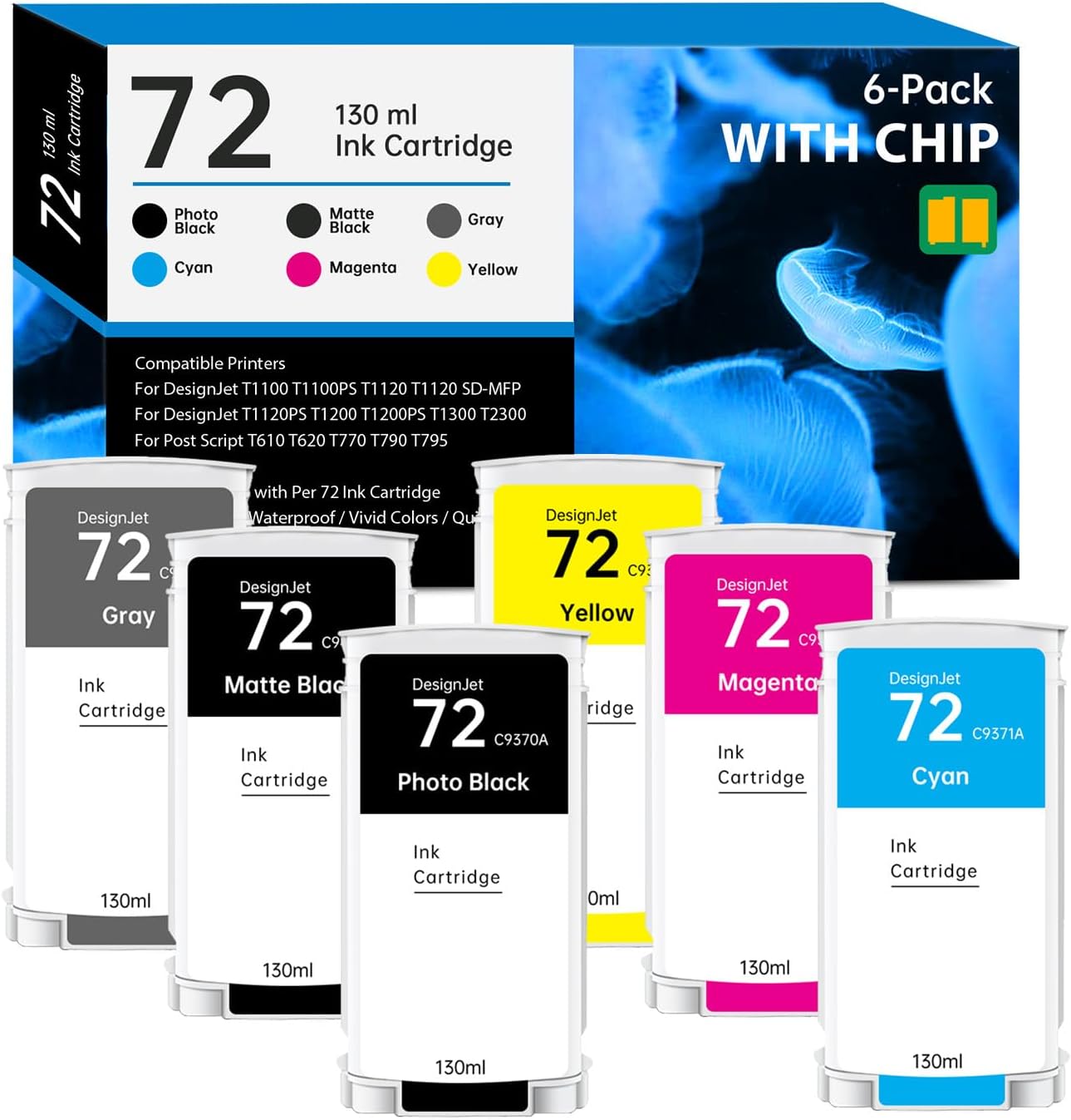Amazon.com: 72 Ink Cartridge 130ml with New Chip Replacement for HP 72 ...
