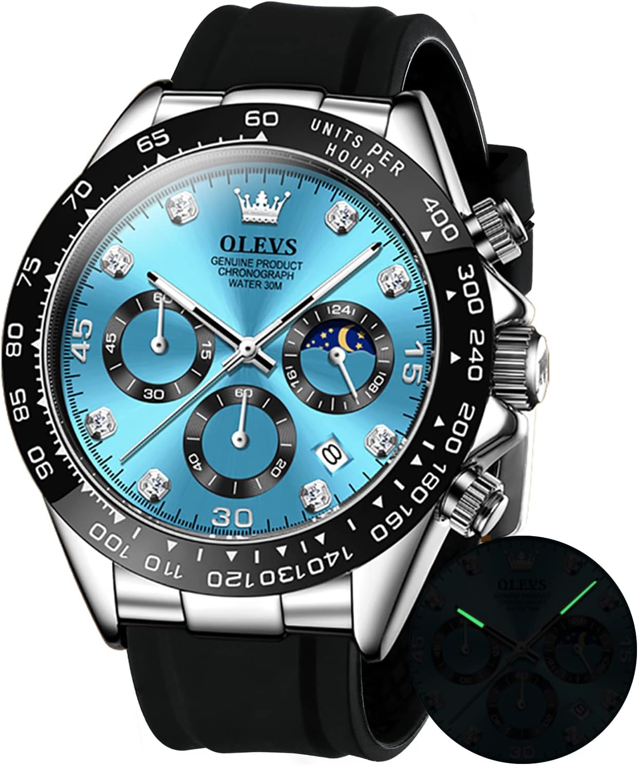 OLEVS Watches for Men Analog Quartz Chronograph Watch Moon Phase Waterproof Black Silicone ...