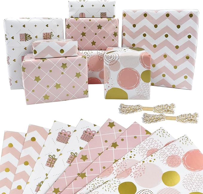 8 Sheets 50x70cm Pink Wrapping Paper, with String, Recyclable Birthday ...