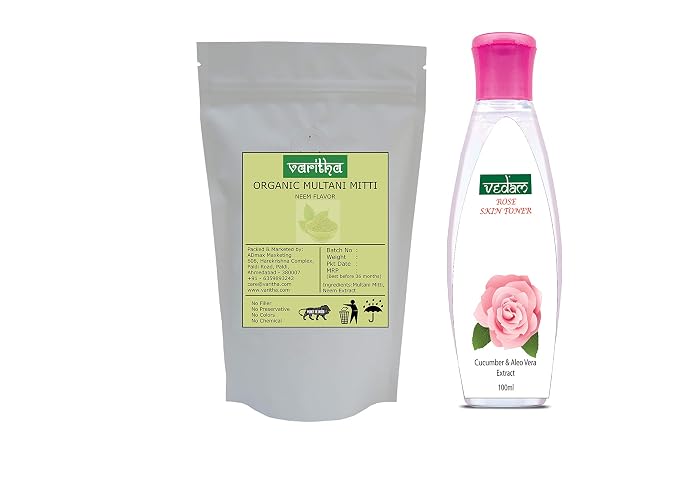varitha Organic Multani Mitti (Neem Flavor) Powder with Rose Skin Toner ...