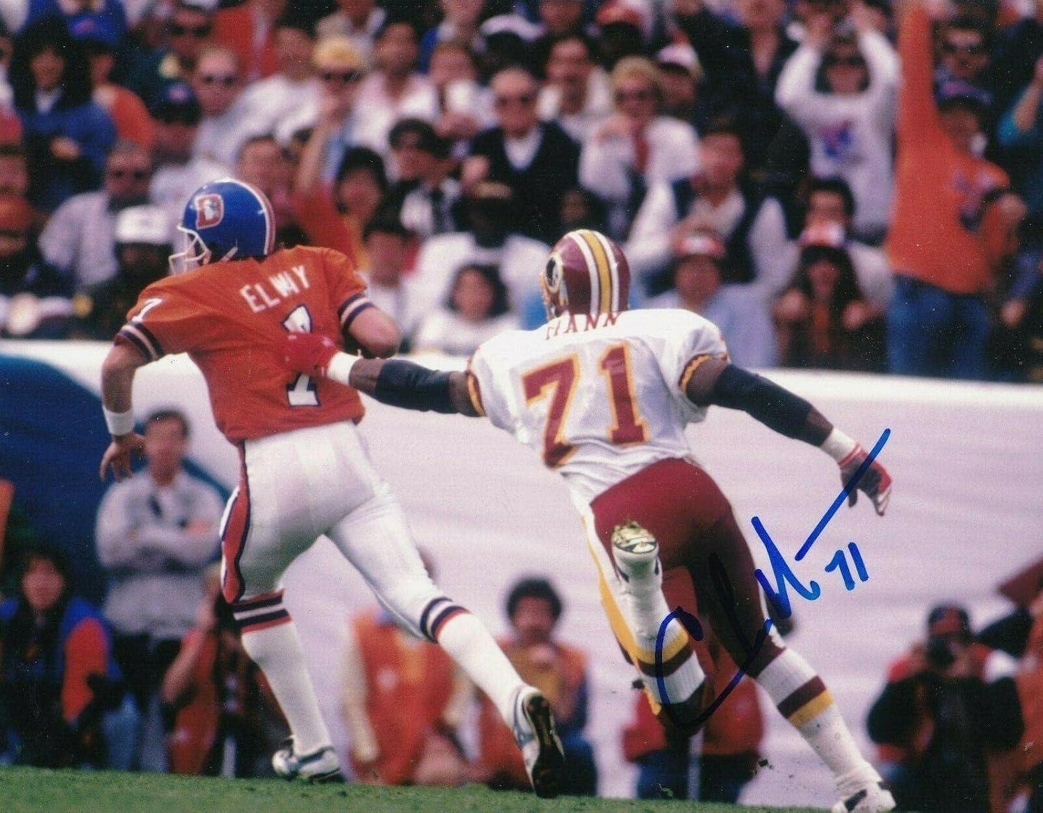 CHARLES MANN WASHINGTON REDSKINS SACKING JOHN ELWAY ACTION SIGNED 8x10 ...