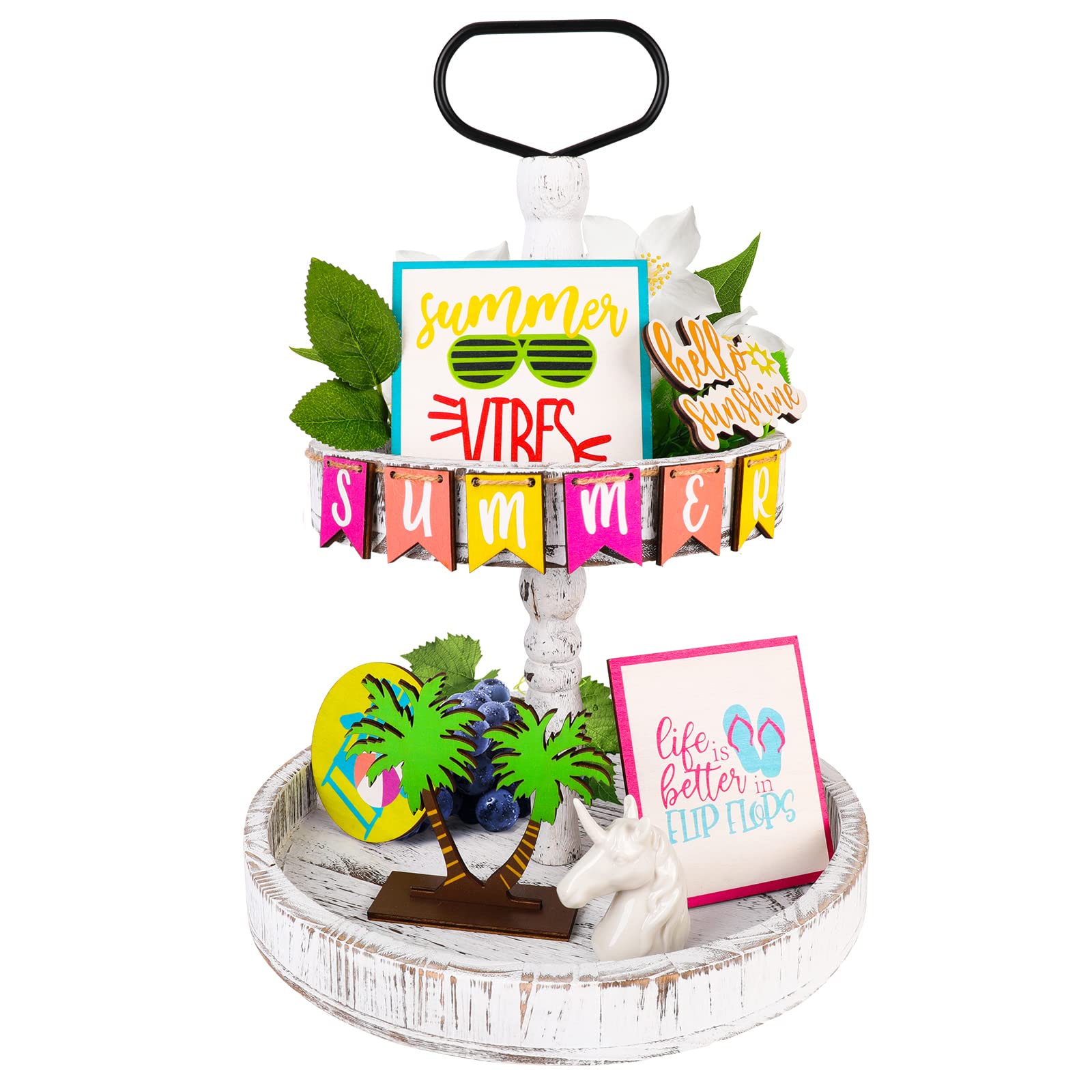 Amazon.com: Qpout 11 Pieces Summer Tiered Tray Decor Set Hello Sunshine ...