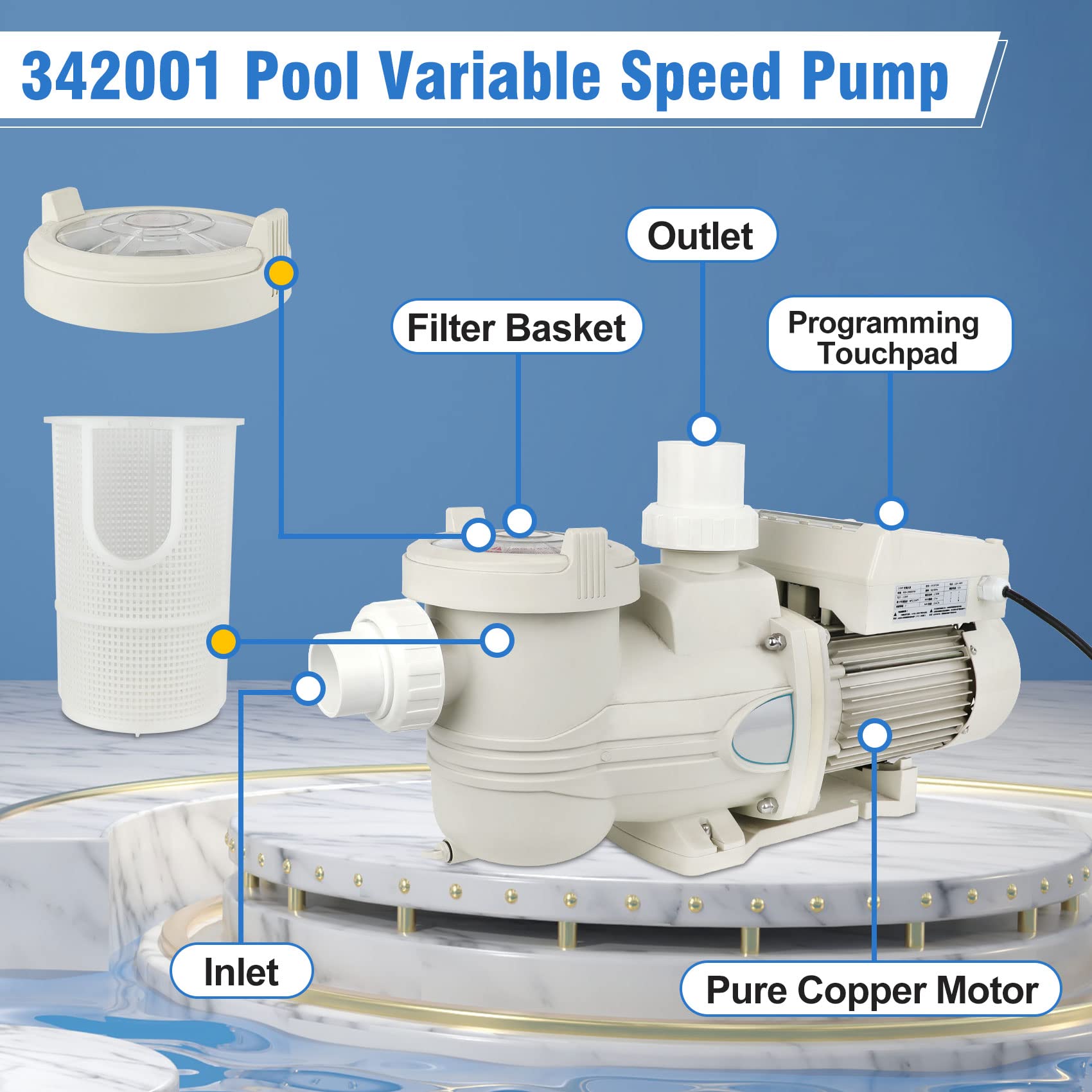 Variable Speed Pool Pump 1.5HP Compatible with pentair 342001 Pool Pump ...
