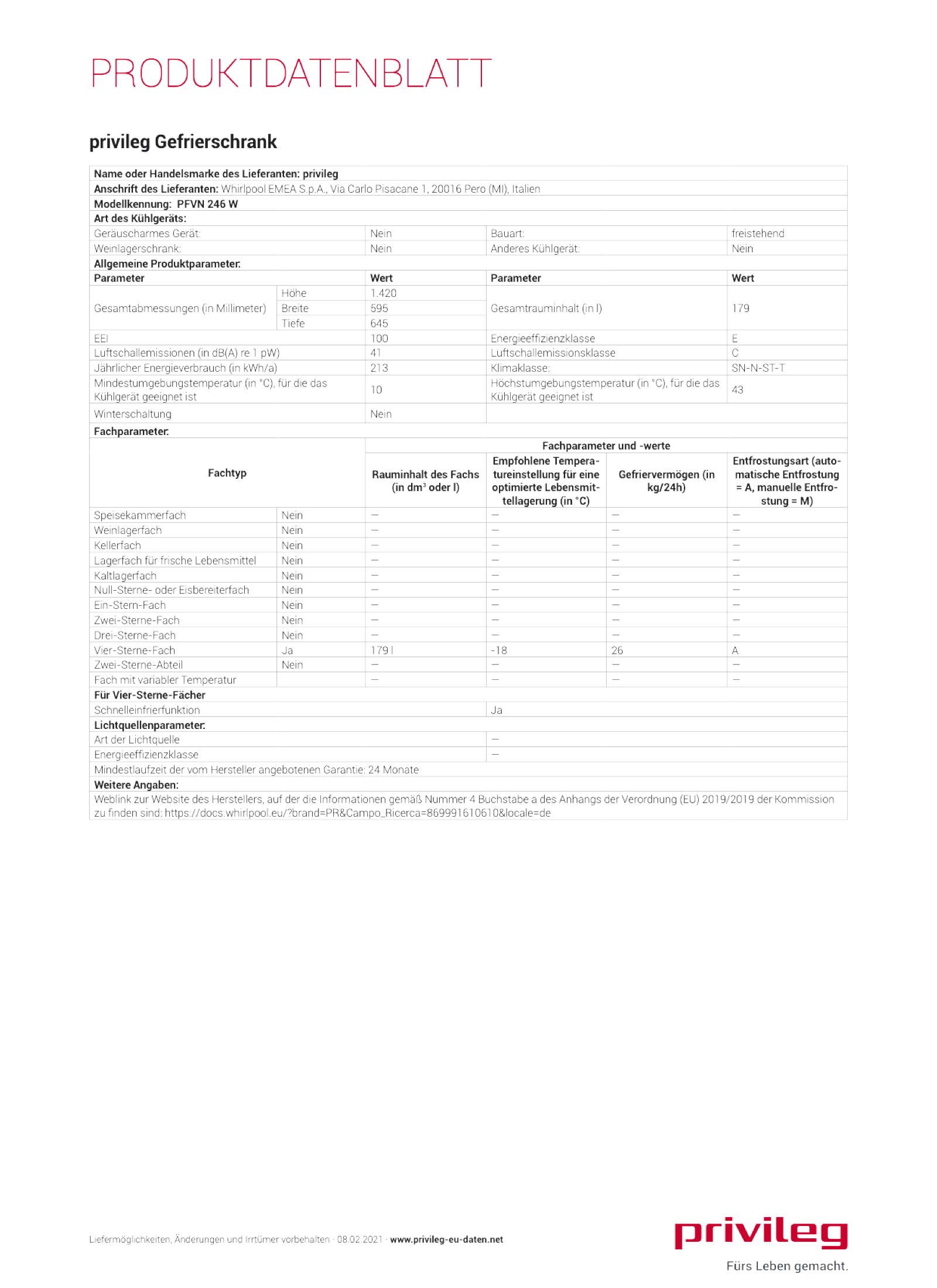 Privileg PFVN 246 W NoFrost Gefrierschrank/ 170 L Nutzinhalt/ leise mit ...
