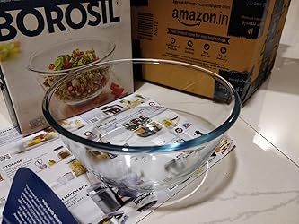 Buy Borosil Basic Glass Mixing & Serving Bowls with Blue Lid, Microwave ...