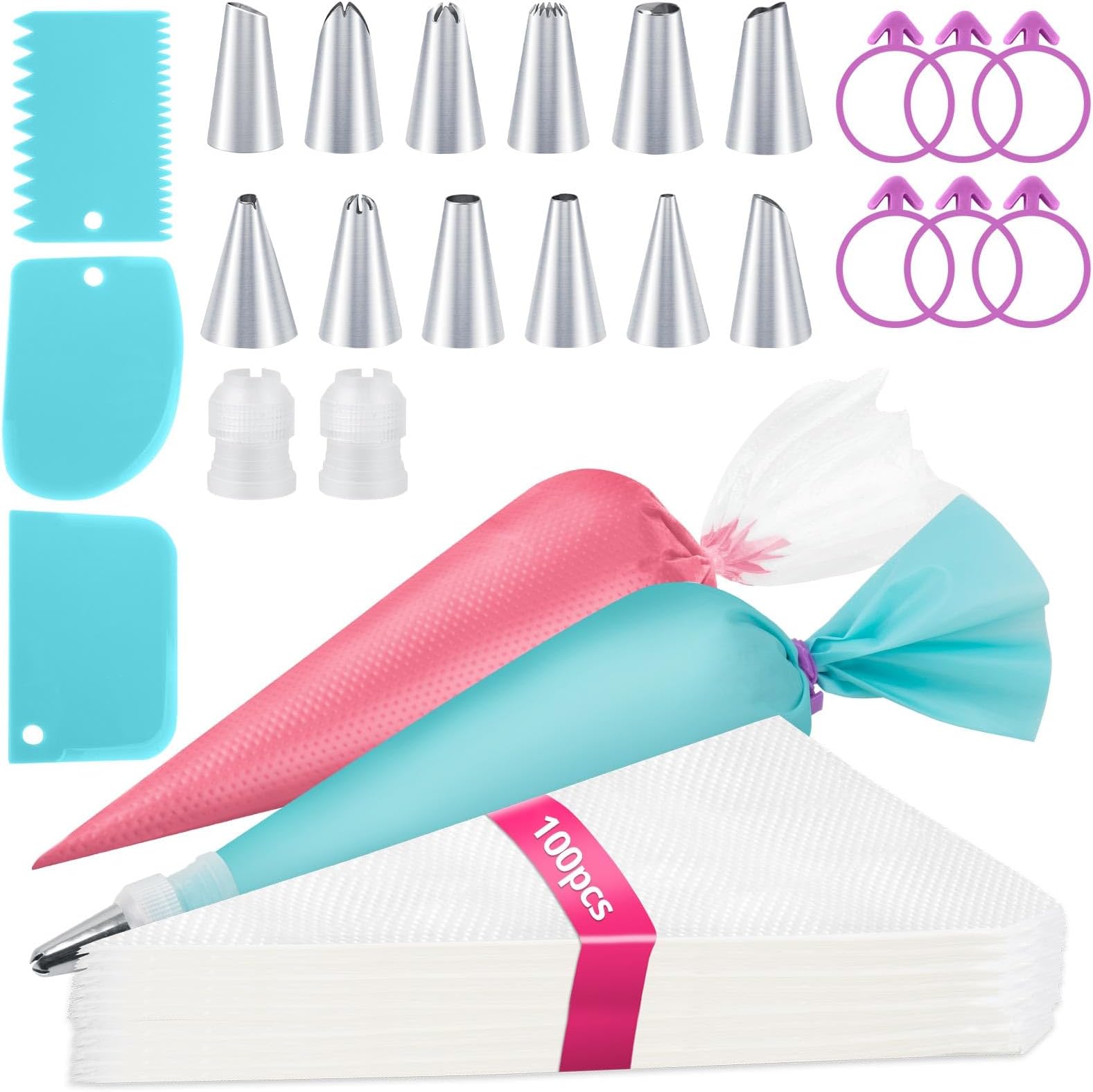 Amazon.com: Piping Bags and Tips Set,100Pcs 12 Inch Disposable Pastry ...