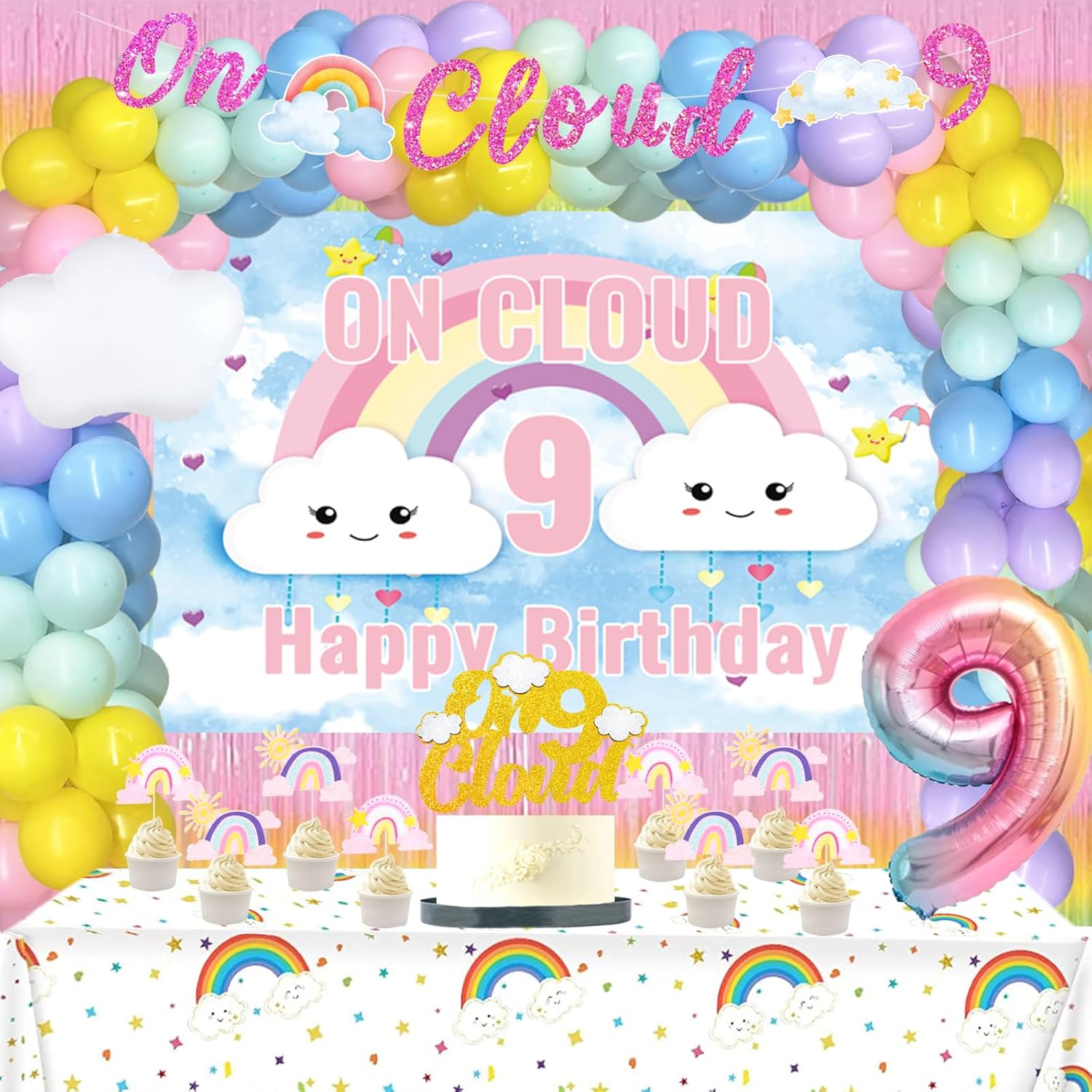Amazon.com: Hombae On Cloud 9 Birthday Decorations for Girls, Colorful ...