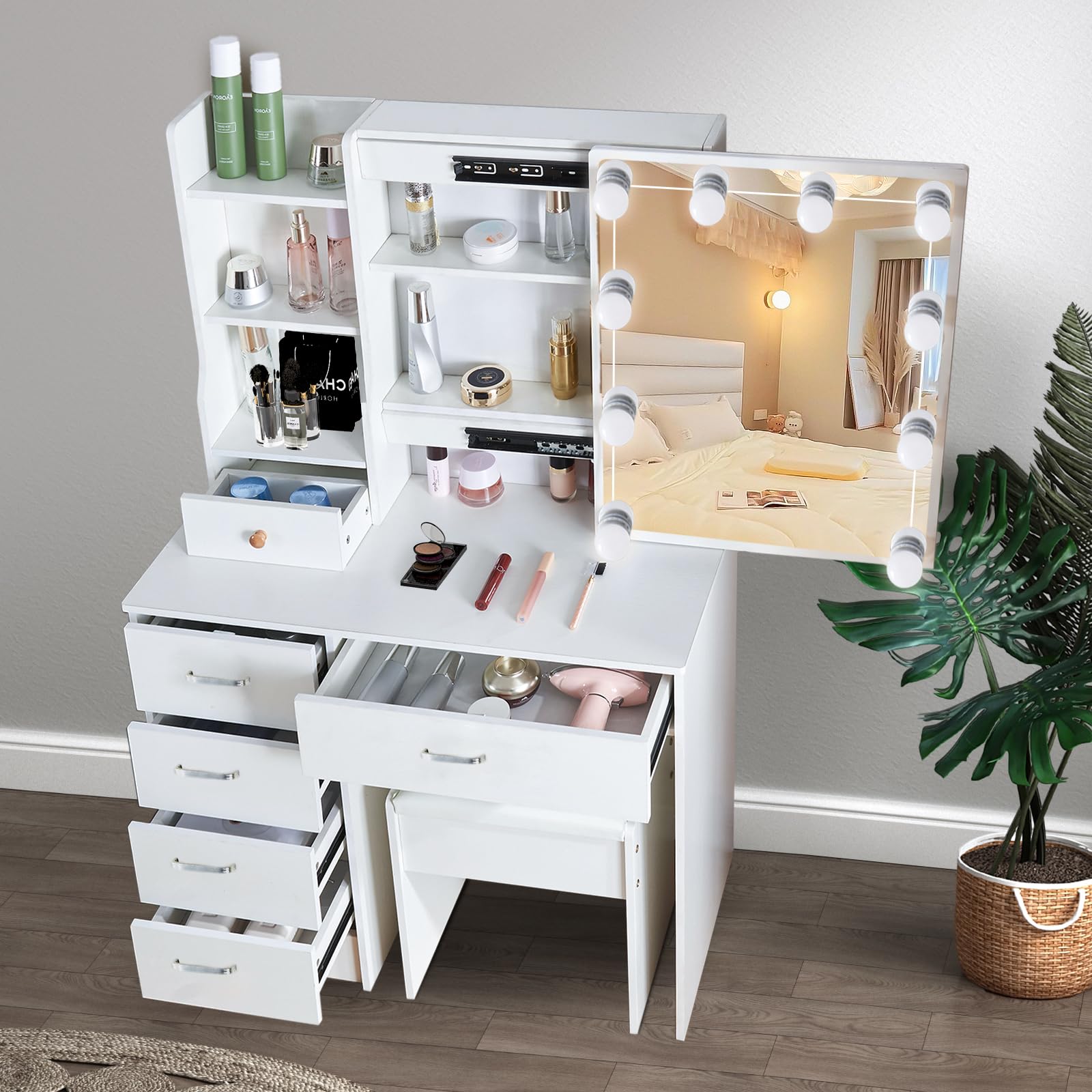 Amazon.com: Abesthink Cute Vanity Desk with Mirror Lighted, White ...