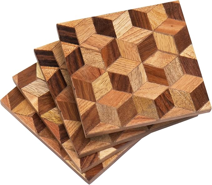 Amazon.com | Maison Sucasa Set of 4 Square Coasters, Acacia Wood with a ...