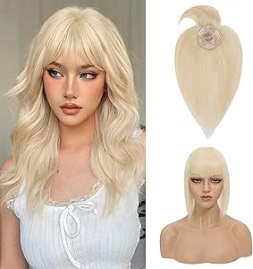 Hairro Clip in Hair Toppers with Bangs Human Hair (6 inch #60 Platinum ...