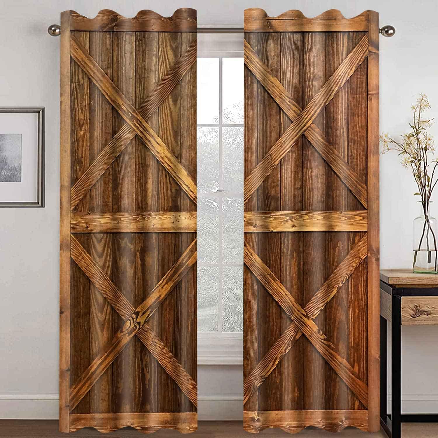 Amazon.com: DBLLF Vintage Rustic Curtains Wooden Barn Door Curtains Farmhouse Western Country ...