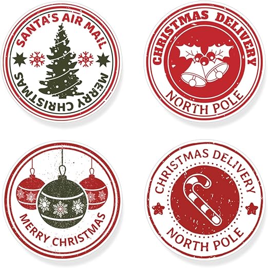 Pack of 24 Merry Christmas Round Stamp Stickers North Pole Air Mail ...