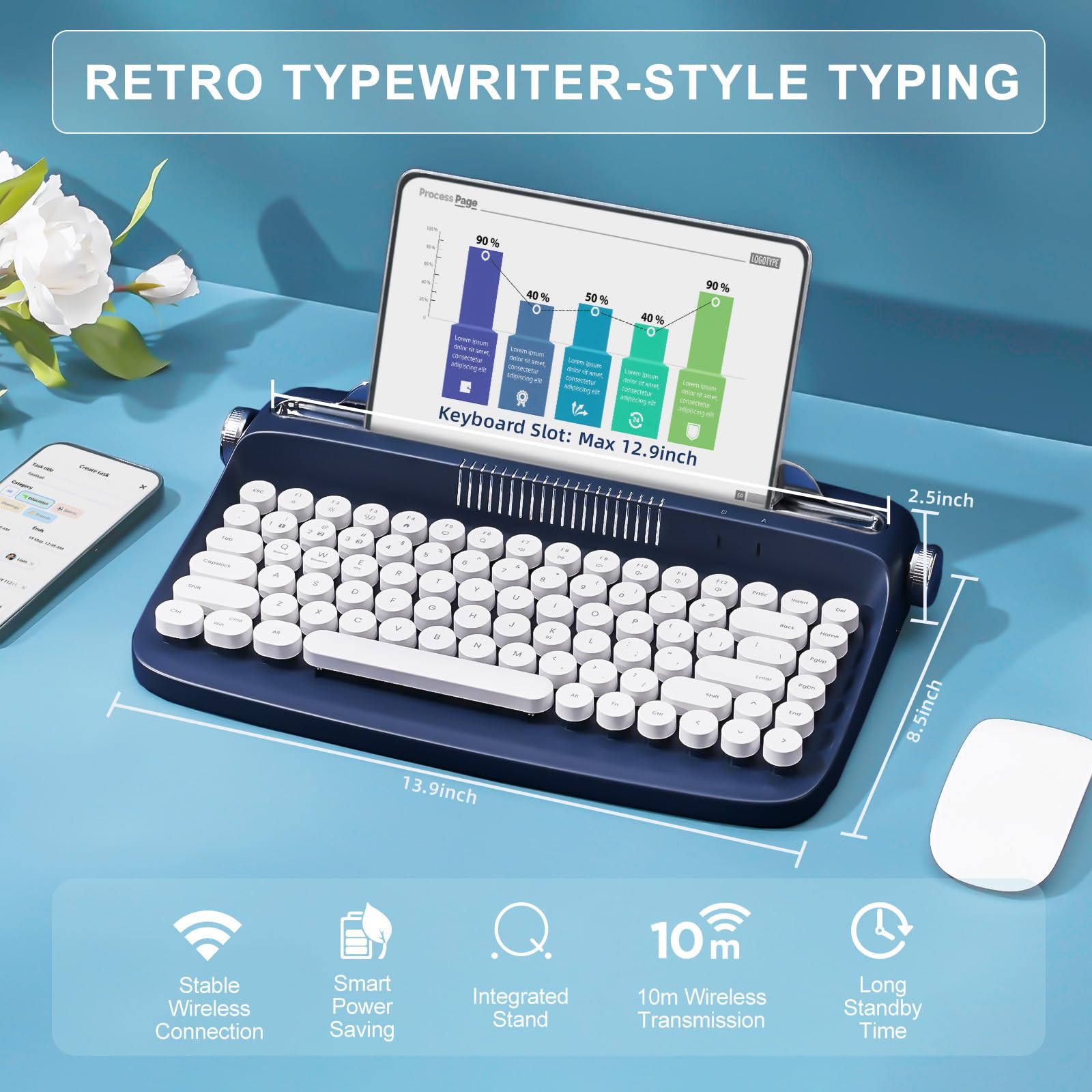 YUNZII ACTTO B303 Wireless Keyboard, Retro Bluetooth Aesthetic ...