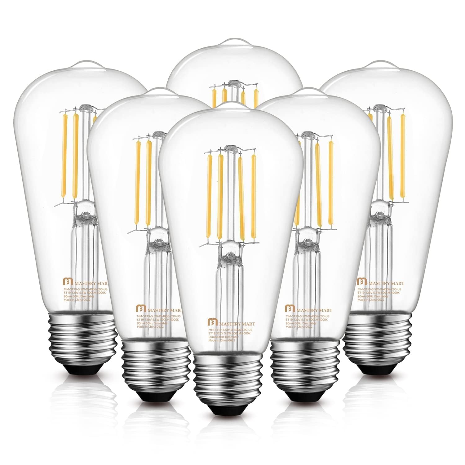 MASTERY MART Dimmable E26 Edison Bulbs 6 Pack, 5.5W LED Light Bulbs ...
