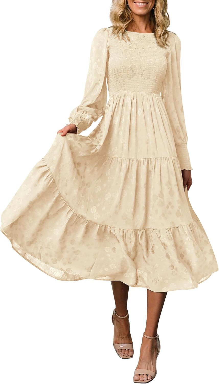 PRETTYGARDEN Women's Fall Midi Dress Long Sleeve Floral Smocked Elegant ...