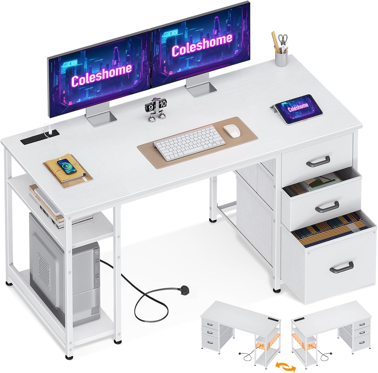Coleshome 130cm Office Desk with 3 Drawers, Computer Desk with Shelves ...
