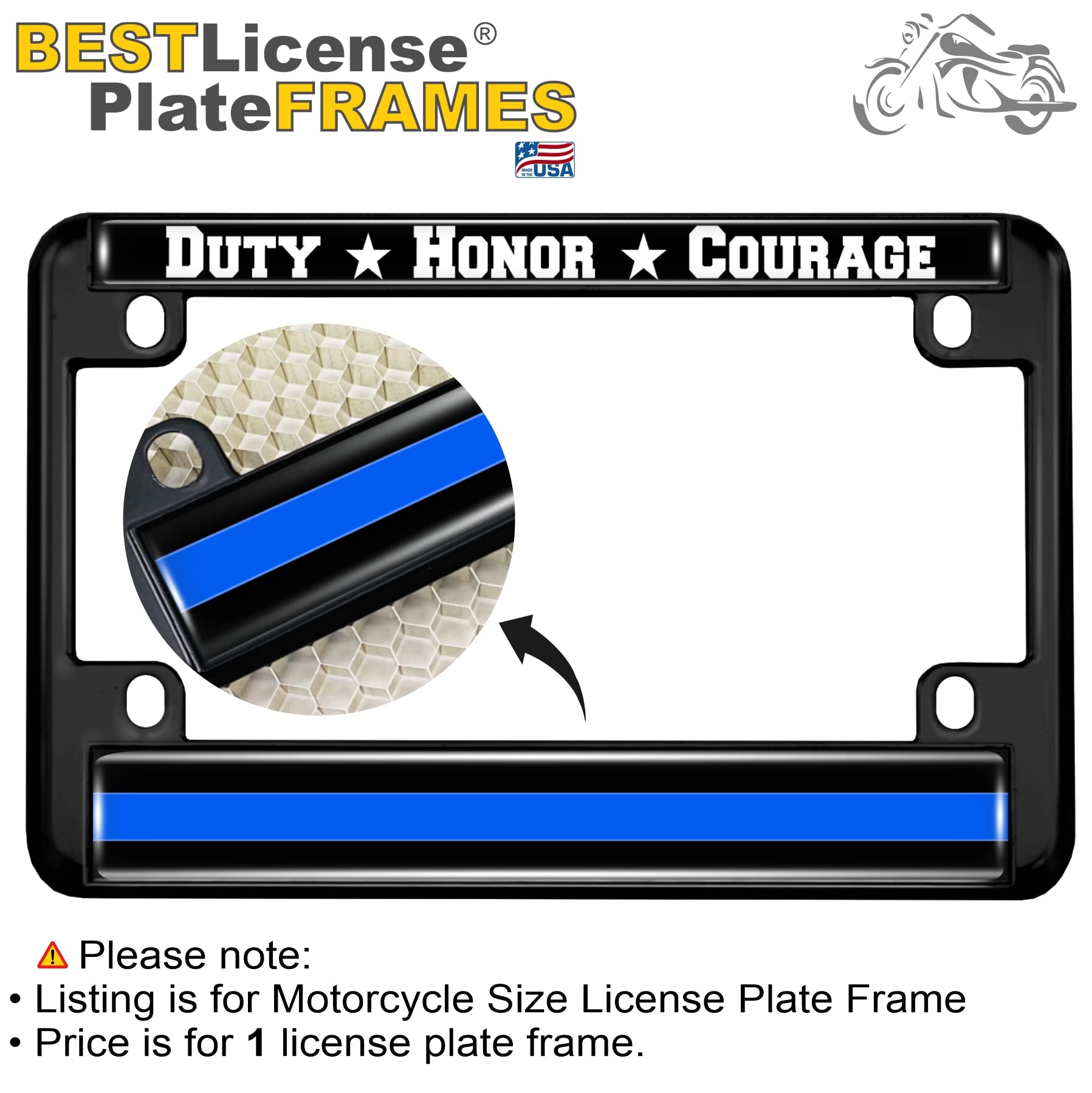 Motorcycle Metal License Plate Frame with Duty Honor Courage Thin Blue ...