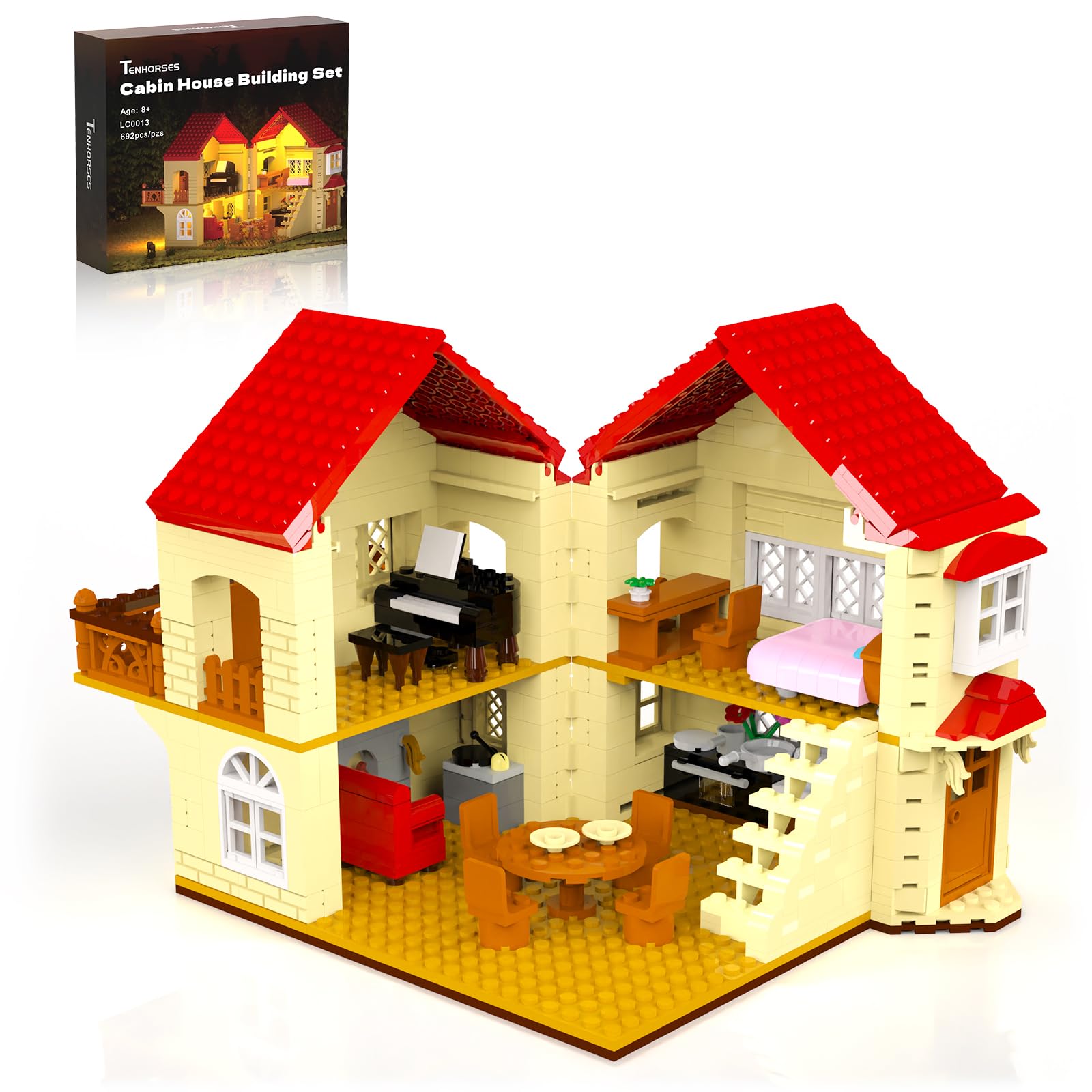Tenhorses Cabin House Building Set, Cozy Log Country Home with Lighting ...