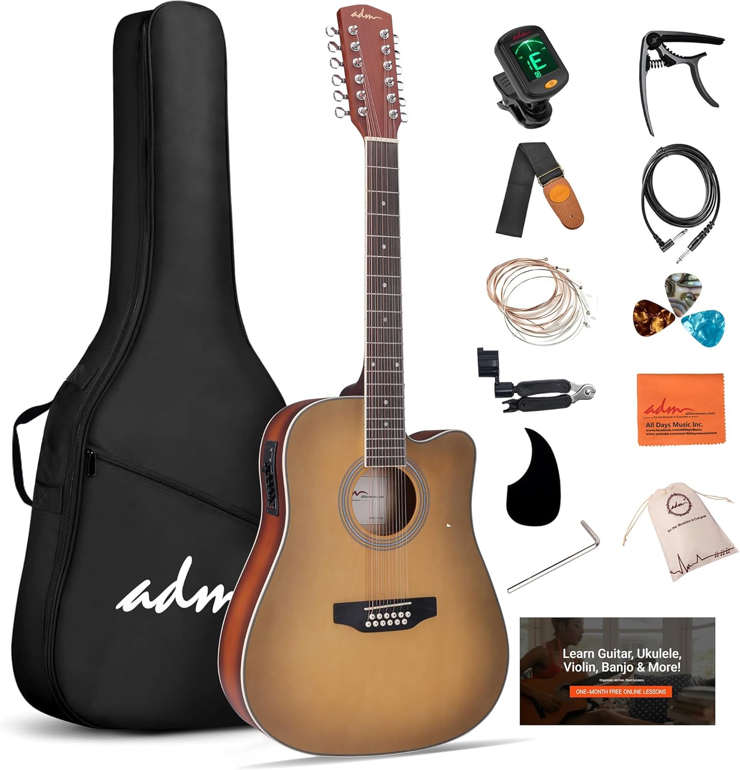 ADM 12 String Guitar, 42” Full Size Acoustic Electric Twelve String ...