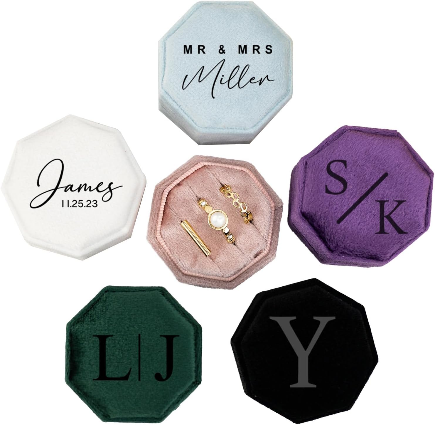 Amazon.com: Rosehut Personalized Triple Slot Octagon Velvet Ring Box ...