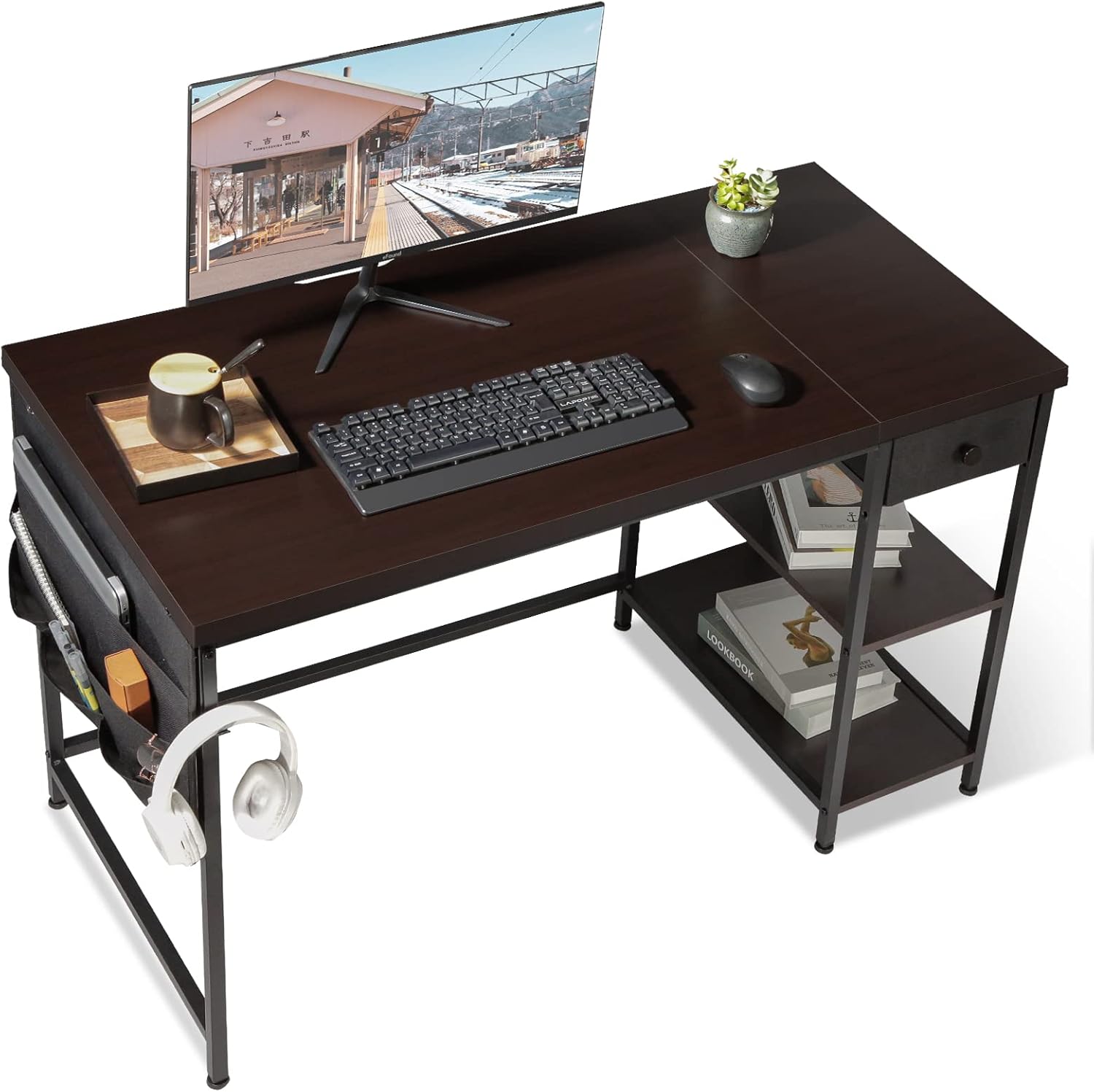 Amazon.co.jp: YeTom デスク 机 pcデスク パソコンデスク つくえ ラック付きデスク 幅117cm×奥行55cm 布製引き出し付き 在宅ワーク デスク オフィスデスク 収納 ...