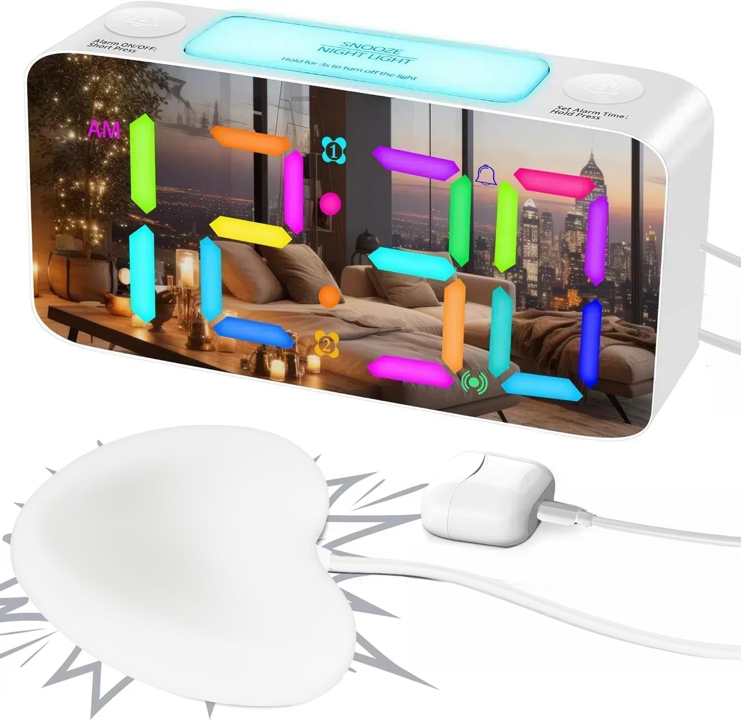 Vibrating Alarm Clock with Bed Shaker for Heavy Sleeper, Bedroom Digital Clock with Large Mirror ...