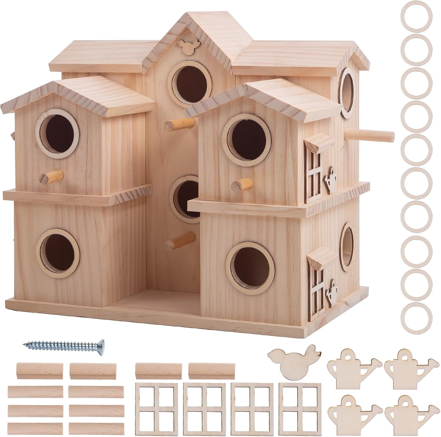 Wooden Multi-Chamber Birdhouse, 10 Nesting Compartments, Natural ...