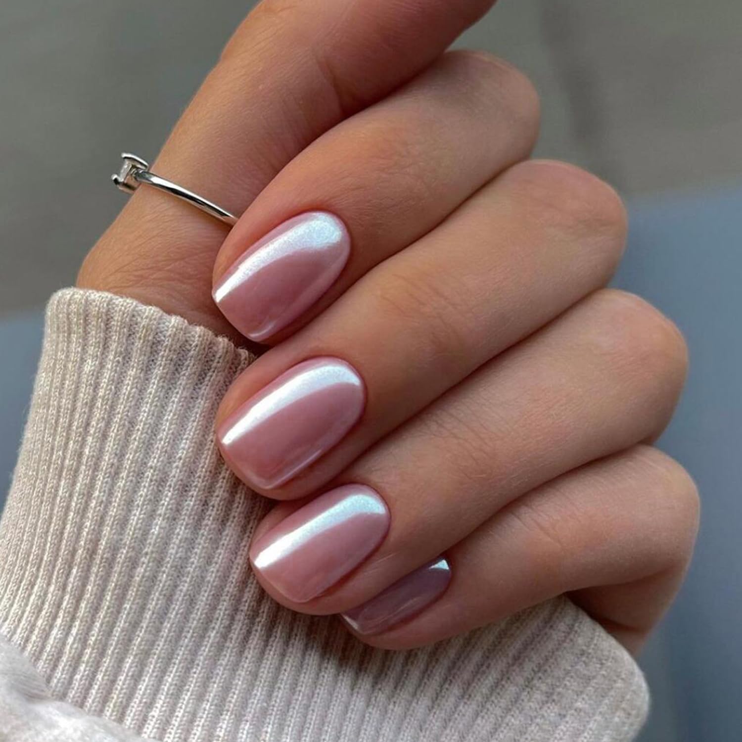 Amazon.com: KQueenest Chrome Light Pink Press on Nails Short Square ...