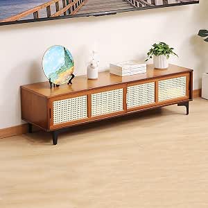 UIHECTA Bamboo TV Stand, Boho Media Console Cabinet, Grid Sliding Door ...