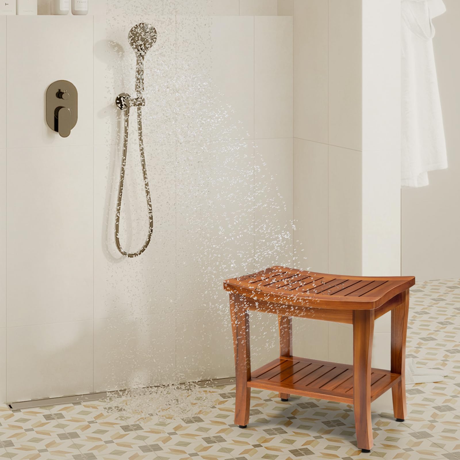TEAKMAMA Fully Assembled 20 Inch Teak Shower Bench with Shelf ...