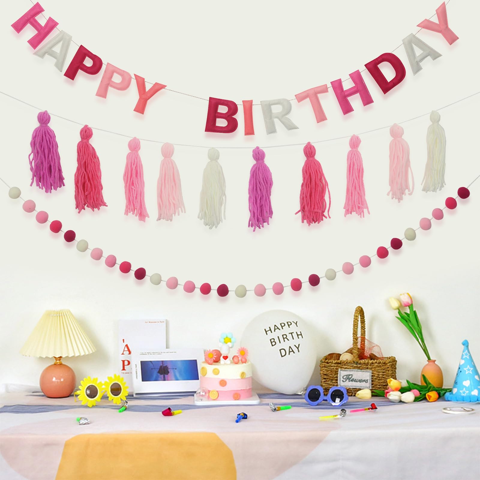 Snapklik.com : Pre-Strung Happy Birthday Banner Felt Ball Garland ...