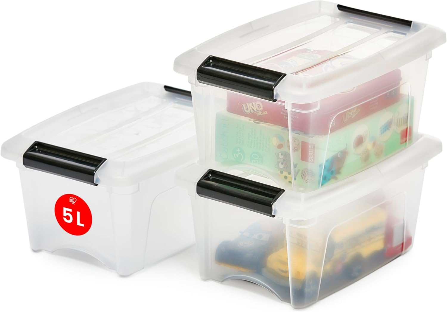 Iris Ohyama Storage Boxes with Lids, 5L, Set of 3, Clear, Secure ...