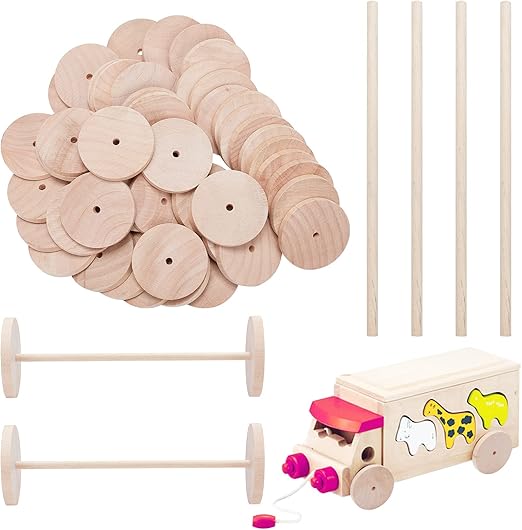 OLYCRAFT 52pcs Wooden Wheels with 26pcs Wooden Sticks 2 Inch Diameter ...