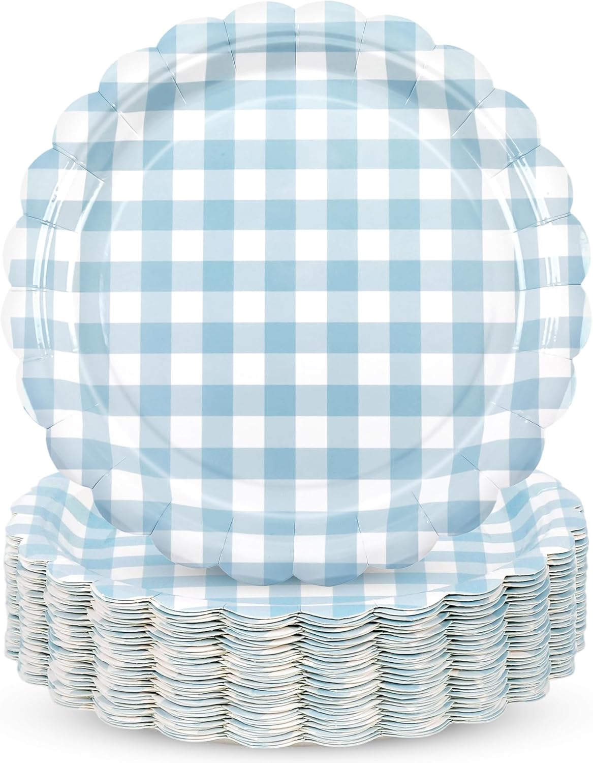 Amazon.com: 48 Pcs Light Blue Scalloped Paper Plates - 7Inch Gingham ...