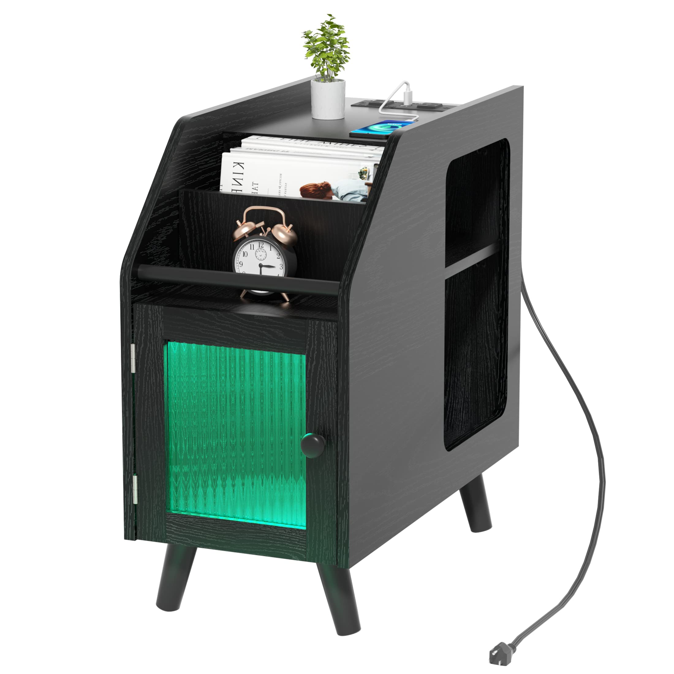 HOSEOKA Night Stand with Charging Station and LED Lights, Narrow ...