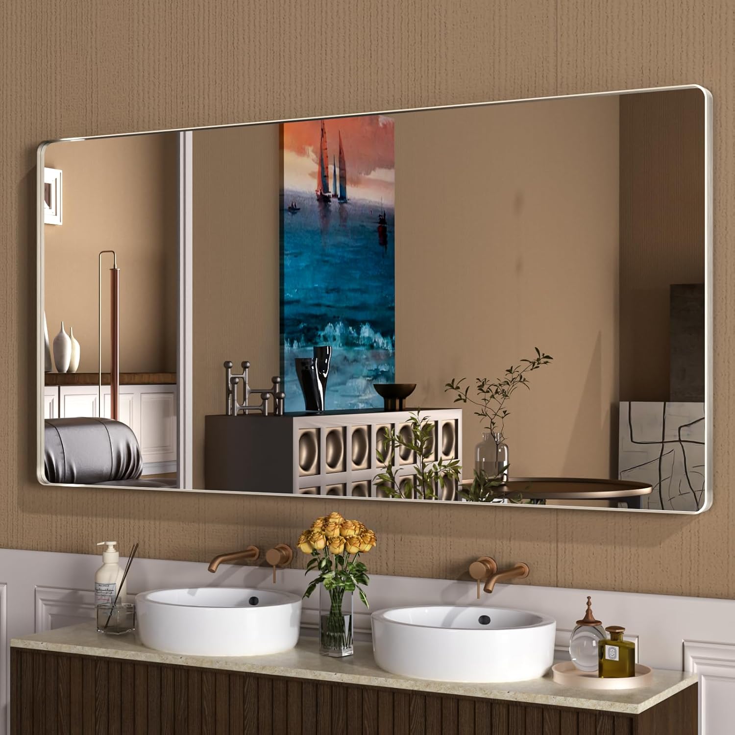 Amazon.com: WEER 72X36 Inch Brushed Nickel Bathroom Mirror, Brushed ...