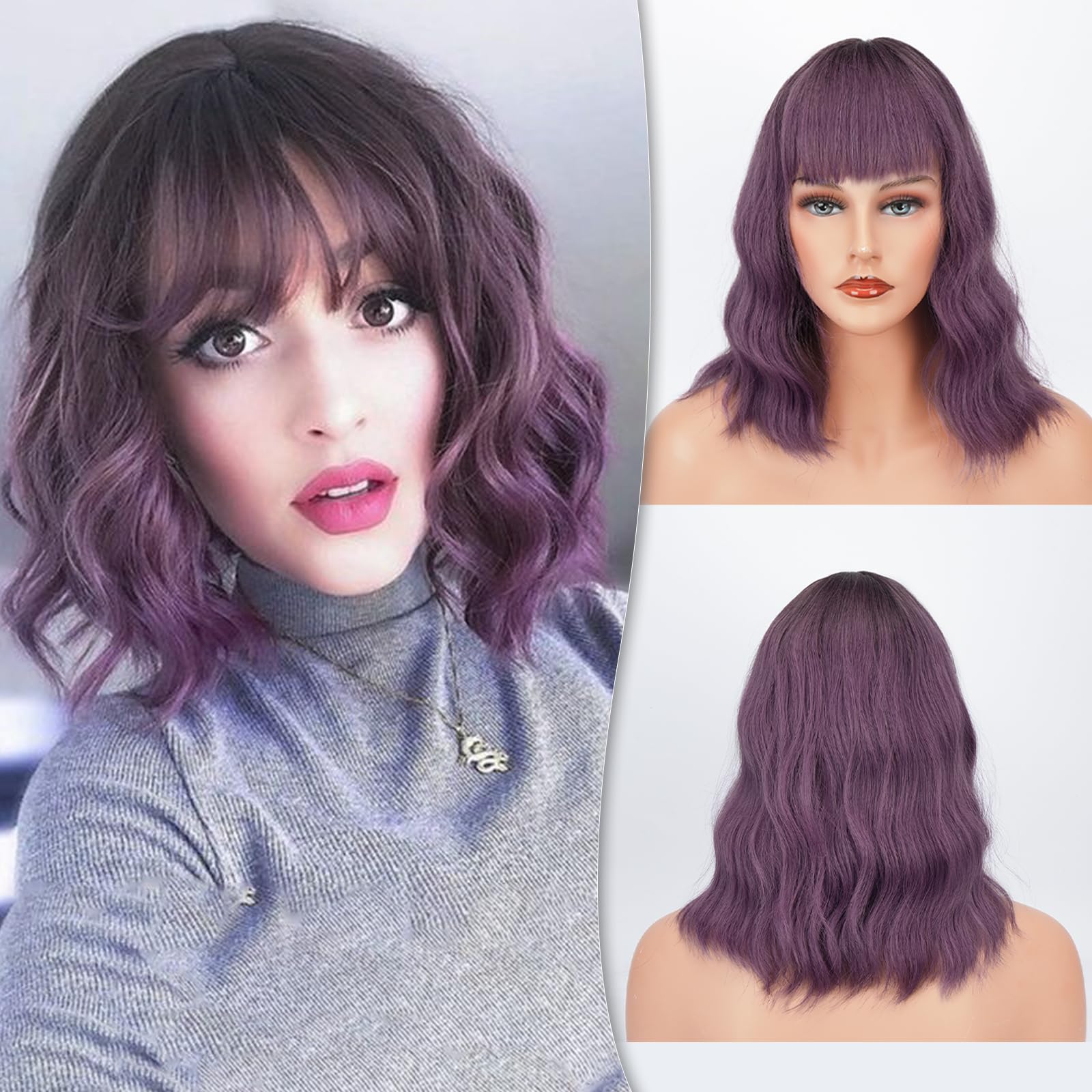 BARSDAR Short Wavy Bob Wig With Bangs, Short Wavy Bob Purple Wig Pastel ...
