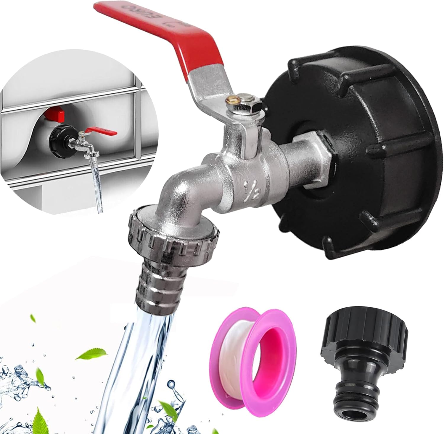 Bikasun IBC Outlet Tap, 1000L Water Tank Tap Alloy Ball Valve with 1/2 ...