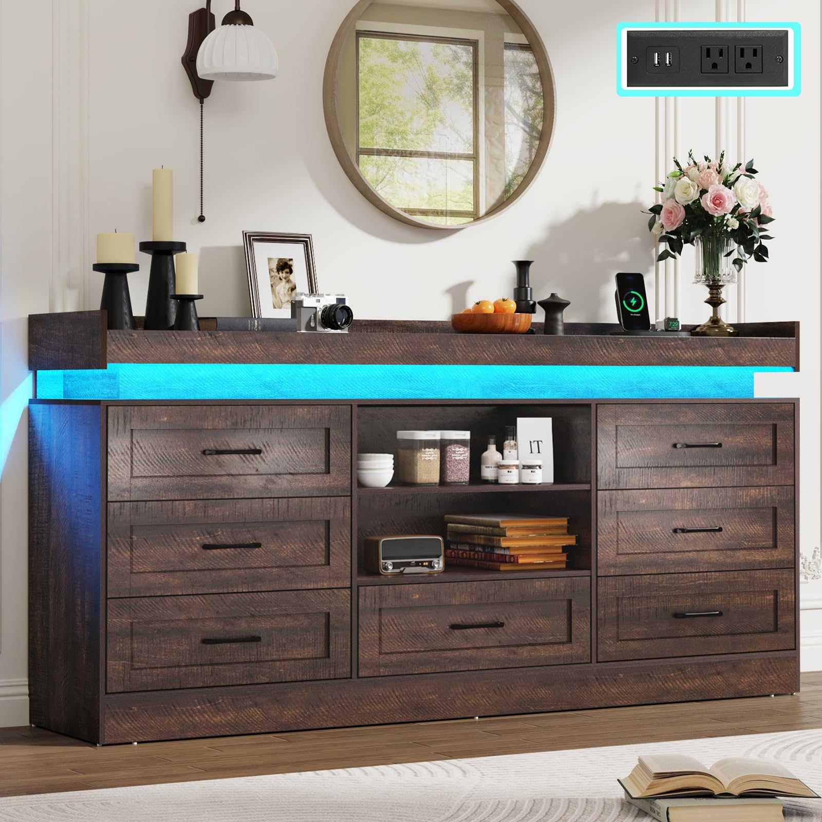 Amazon.com: 70" Large Farmhouse 7 Drawers Dresser for Bedroom with LED ...