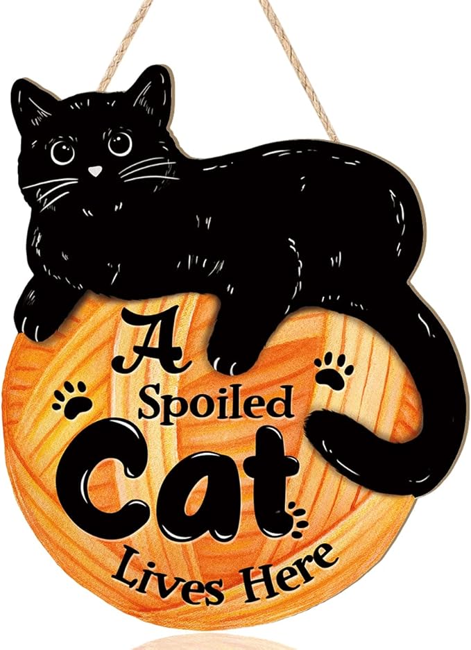 CHDITB Funny Black Cat Wooden Sign Decor, A Spoiled Cat Lives Here Cat ...