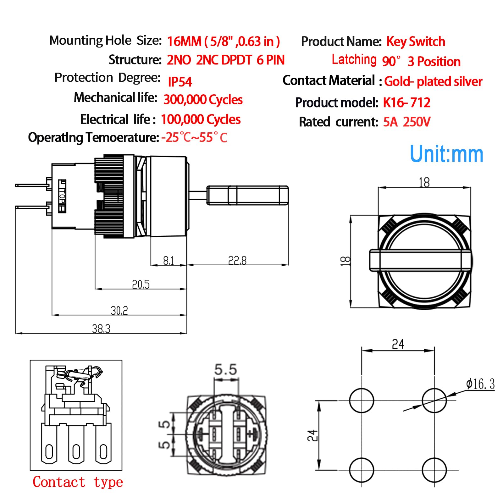Snapklik.com : 16mm 3 Position Key Switch 5/8" Mounting Hole 12V 24V ...