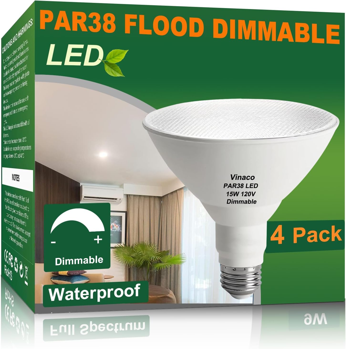 Vinaco PAR38 LED Flood Light Bulbs, 4 Pack 1300LM PAR38 Outdoor Flood ...